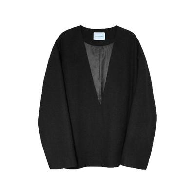 2025全羊毛黑色时尚V领长袖上衣
