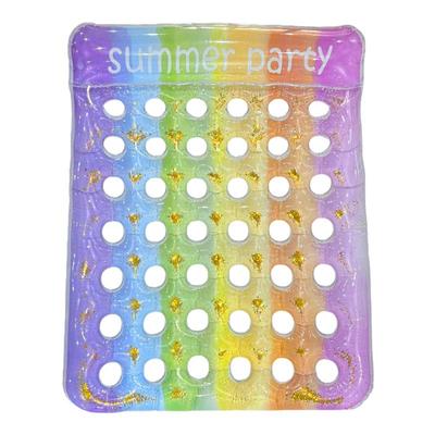 新品水上运动环保加厚PVC充气浮床圆孔亮片渐变彩虹双人浮排