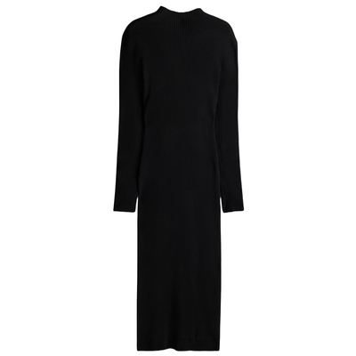 HM女装连衣裙冬季高翻领紧身法式罗纹针织连身裙1251491