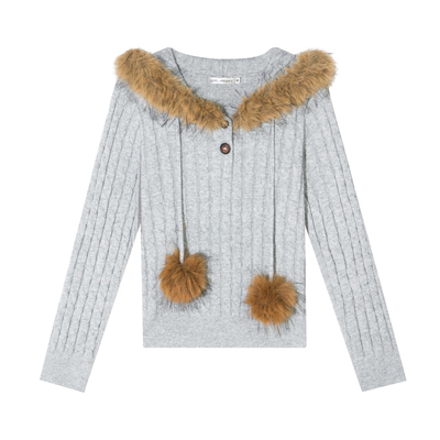 AsGony毛针织衫扭花连帽毛领套头