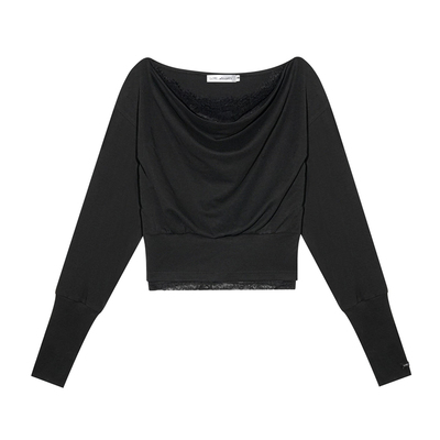 AsGony斜肩收腰蕾丝拼接上衣