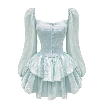 绿色泡泡袖雪纺连衣裙仙女