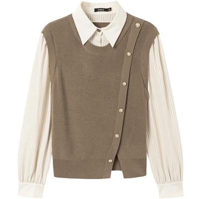 KBNE2025年新款条纹针织衬衫假两件宽松正肩超好看长袖上衣春秋女