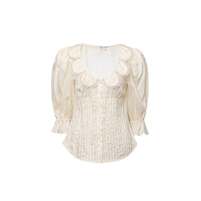 TOP家 南法旧梦 法式复古优雅 花瓣领压褶自然收腰 泡泡袖小衫