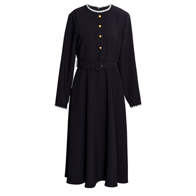 罗衣气质通勤收腰系带连衣裙2024冬季新款时尚黑色大摆裙子11284