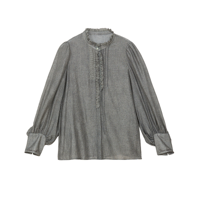 谜底衬衫长袖女士冬季新品宫廷风立领轻透刺绣衬衣244MC1584