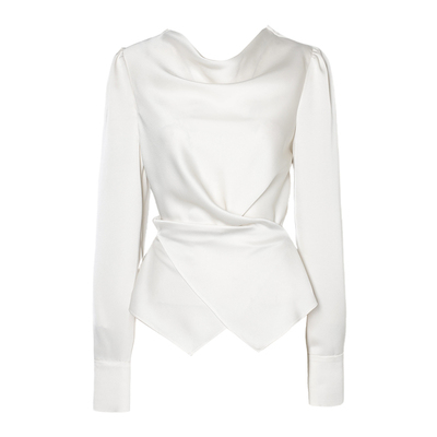 荡领不规则下摆收腰衬衫