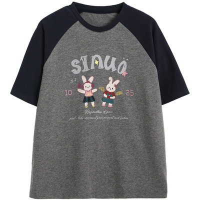 诺诺公主S1N初中生2026夏季卡通印花短袖T恤女青少年撞色圆领上衣