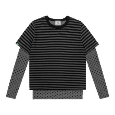 【现货】theBarnnet shell韩国小众条纹波点拼接假两件长袖T恤女