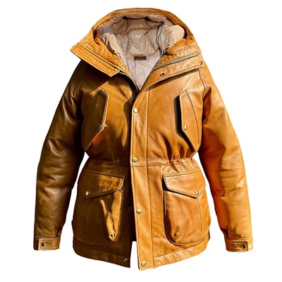 意大利无涂水染绵羊皮中长款连帽90白鸭绒加厚真皮猎装极地羽绒服