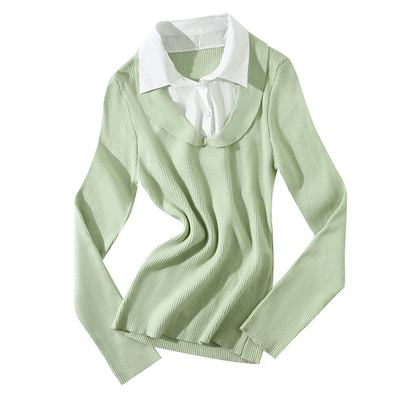 大于诗集 清潭洞爱丽丝 假两件拼接青果领针织衫女撞色拼接打底衫