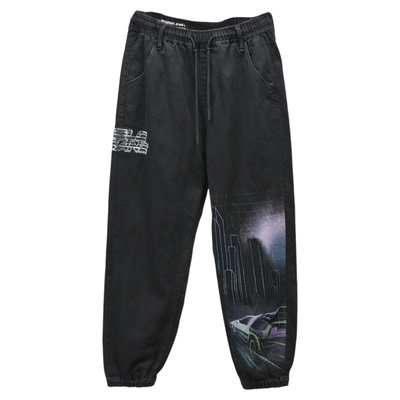 男女情侣松紧腰印花酷跑牛仔裤