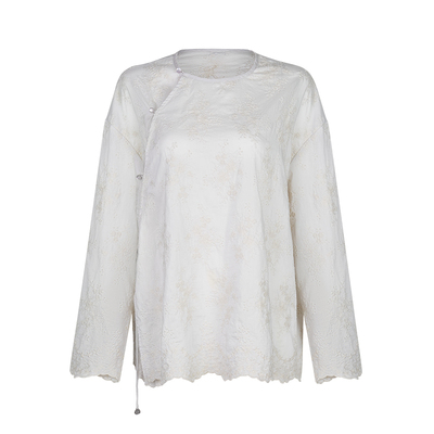 藕白色中式绣花打底衫