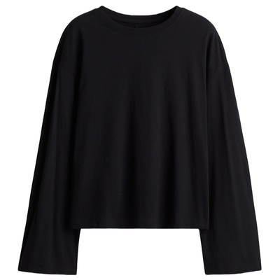 HM女装T恤春季圆领方形宽松慵懒深红色条纹卫衣1240497