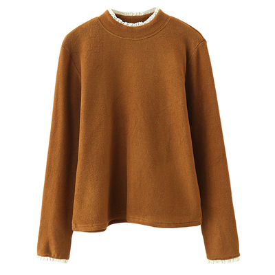 德绒花边领T恤女冬季打底上衣