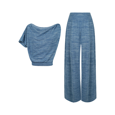 颂宋 夏季新款简约休闲斜肩短上衣搭配高腰阔腿裤女款套装DT2030