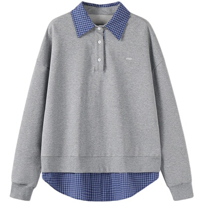 1747 假两件高智感时髦知识份子拼接格子POLO领 复古随性宽松卫衣