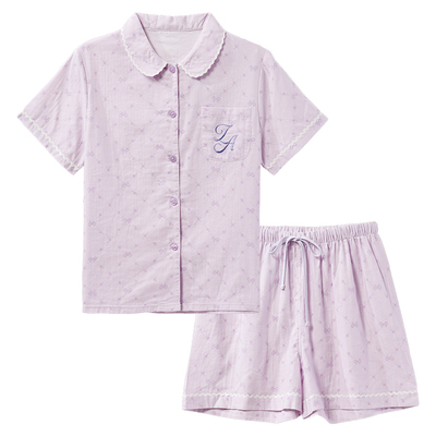 tutuanna全棉女款睡衣夏 菱形格口袋刺绣前扣短袖短裤家居服套装