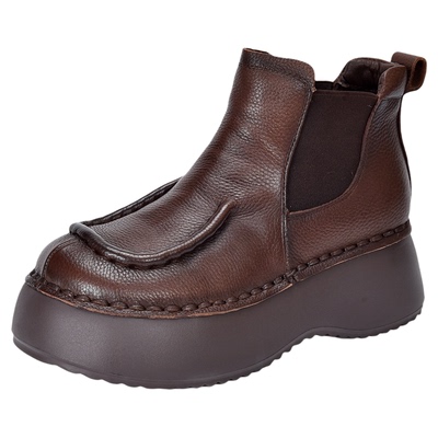 真皮厚底切尔西靴女圆头防滑短靴