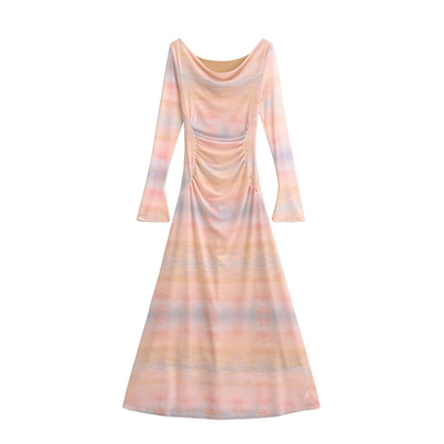 网纱印花荡领修身鱼尾连衣裙长裙