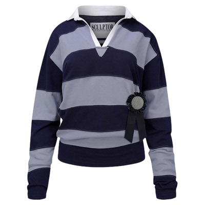 冬蓝灰条纹V领polo衫女宽松长袖