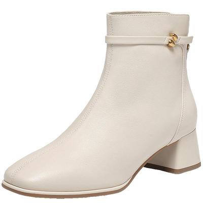 百丽超软羊皮显瘦女靴粗高跟时装靴冬新款加绒短筒靴子3LI44DD5预