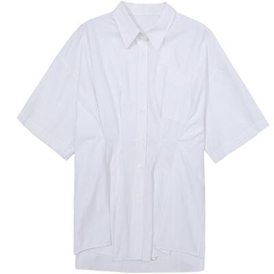 谜底衬衫短袖女2025夏季新品通勤立体捏褶大廓形H型衬衣252MC0545