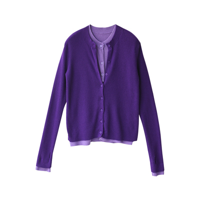 圆领撞色修身假两件开衫针织衫