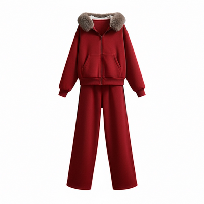 红色连帽卫衣套装女冬季加绒超好看穿搭一整套休闲运动毛领两件套