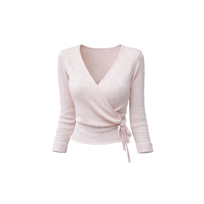 V领绑带裹身花边收腰针织衫女