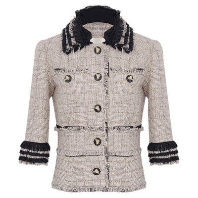 复古粗花呢撞色格子流苏立领外套