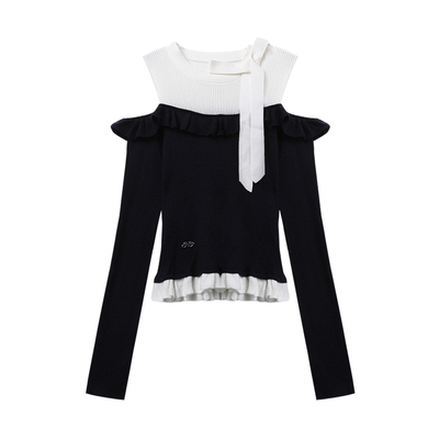 西町村屋甜美针织衫女2025冬季新款荷叶边拼接系带小衫XAAD10116