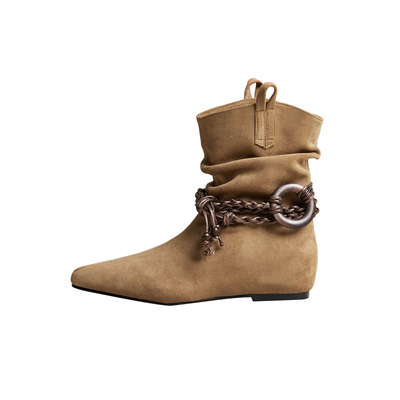 佐一不服2025新款法式复古绒面头鞋女尖头绑带粗跟中高筒骑士靴