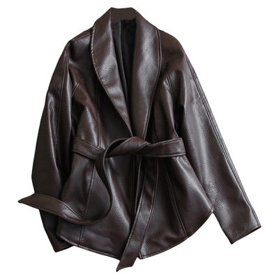 复古荔枝纹纯色翻领腰带收腰皮衣