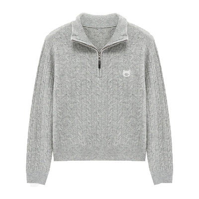 Basic House/百家好绵羊毛套头毛衣女秋冬季半拉链绞花针织衫上衣