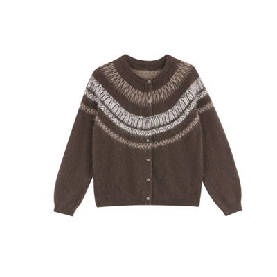 MANNALA丨“霜花棕”经典费尔岛精工织造山羊绒拉绒毛衣外套Q4839