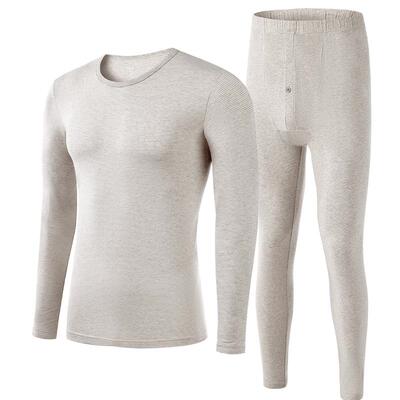 男士薄款条纹圆领弹力保暖套装