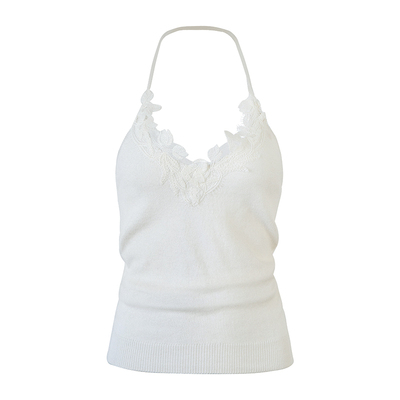 PynkiSwear白色羊毛v领交叠针织长袖毛衣/兔绒挂脖蕾丝花朵吊带秋