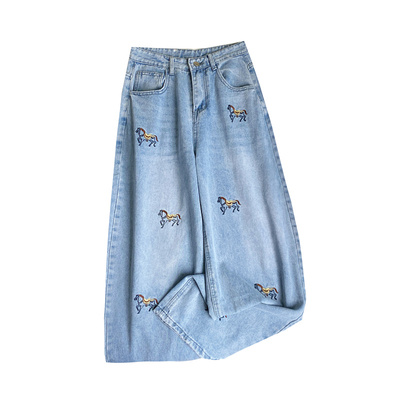 时尚百搭高腰刺绣小马牛仔长裤女