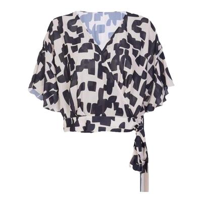 婉甸米黑色几何图形上衣夏季新品V领荷叶袖慵懒风小衫1232H08RJ3