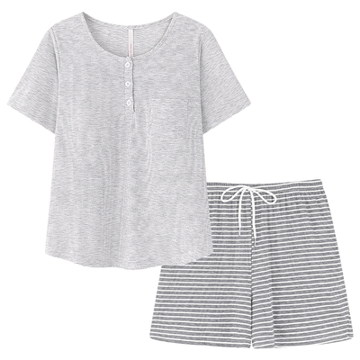 韩版ins条纹带胸垫睡衣女夏季莫代尔薄款短袖可外穿家居服夏套装