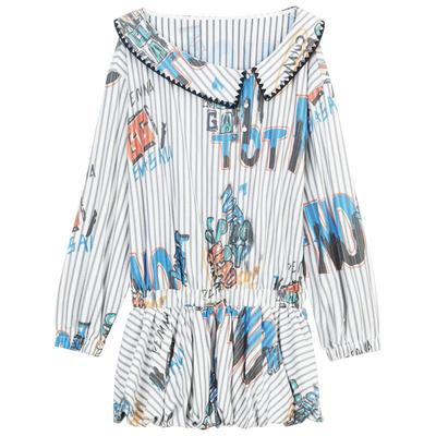 KEIKO俏皮字母印花条纹连衣裙