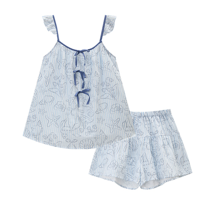 Gukoo/果壳睡衣女春夏条纹新款全棉精梳双层布女士家居服套装B