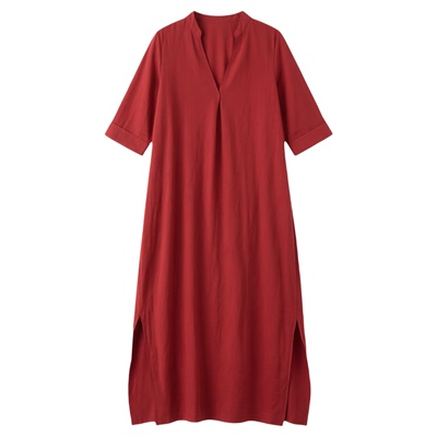 Side slit V-neck 7-inch sleeve dress两侧开衩V领7分袖连衣裙