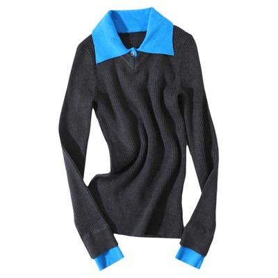 大于诗集 北欧格雷系 撞色假两件polo翻领打底针织衫女修身打底衫