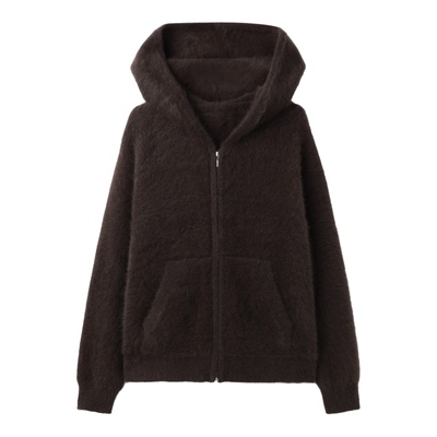 慵懒连帽狐狸绒拉链保暖开衫