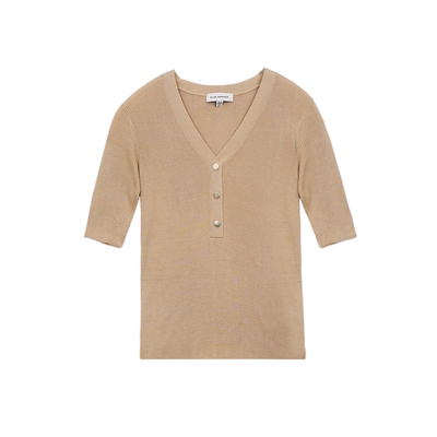 【100%桑蚕丝】CLUB MONACO正肩修身V领半袖针织桑蚕丝纽扣上衣