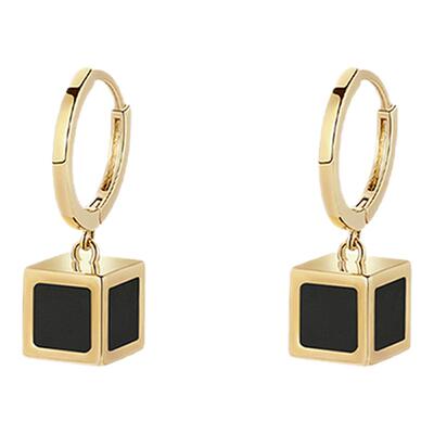 黑金撞色方块耳环女小巧精致耳扣