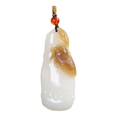 和田玉糖羊脂玉蝉竹节吊坠男女款