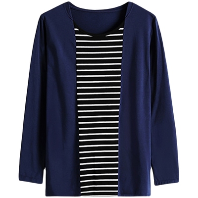【含棉】2025年春秋新款长袖女士圆领打底衫宽松大码显瘦T恤条纹